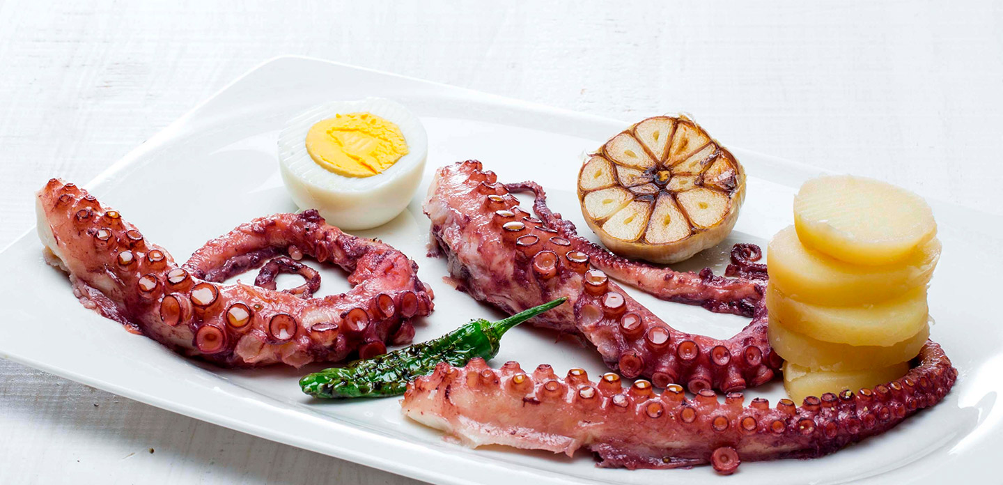 Polvo cozido a vapor, servido com azeite d’alho e pimento padrón | Gallo